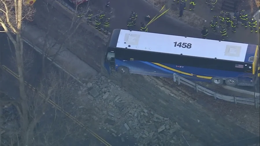 Front of NYC Bus Left Hanging Near Bronx Overpass After Accident | NTD