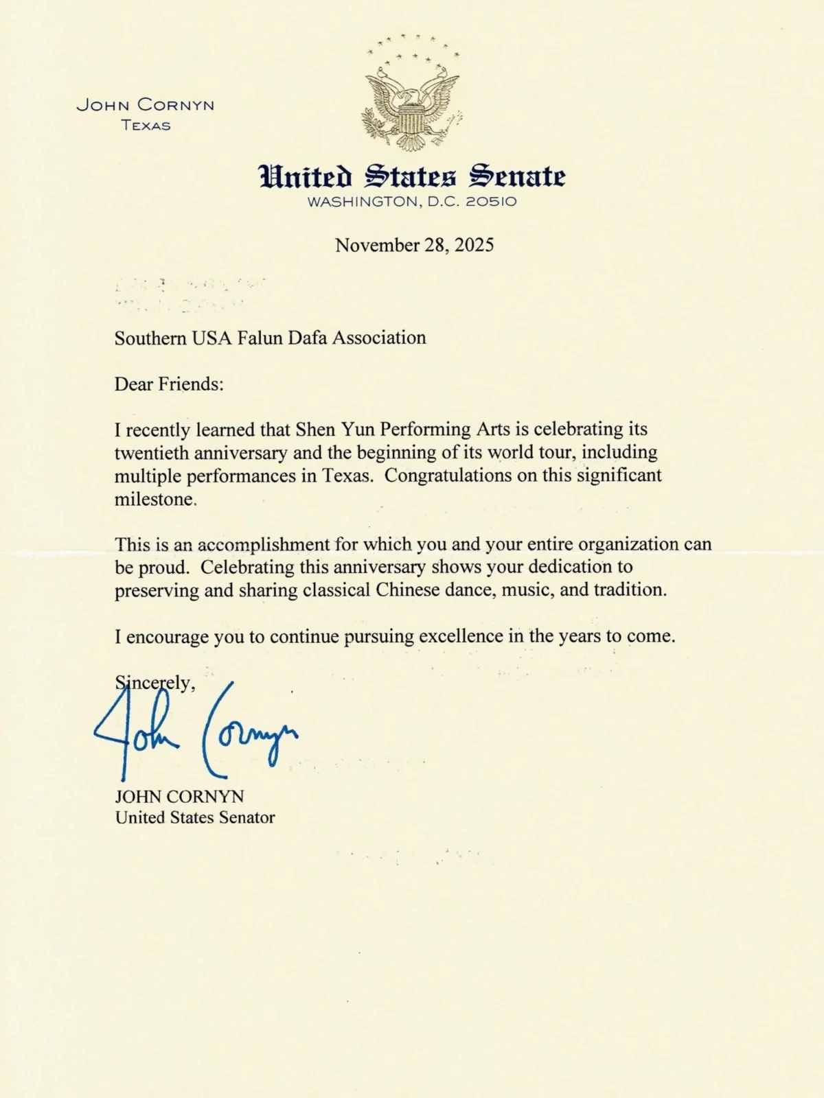 Sen. Cornyn Congratulates Shen Yun on 20th Anniversary Ahead of 2026 ...